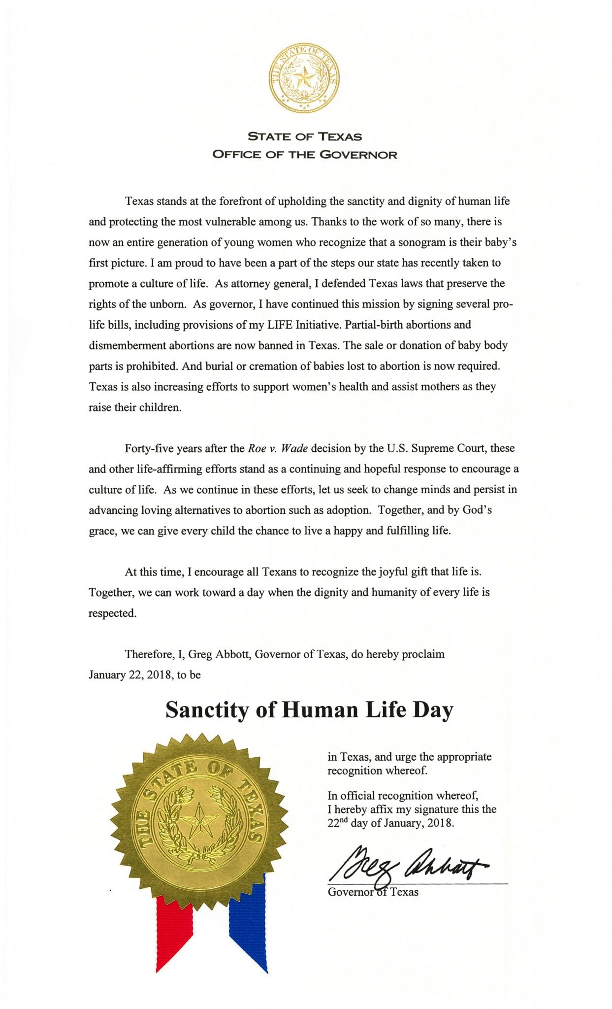Governor Greg Abbott declares January 22, 2018, to be Sanctity of Human ...